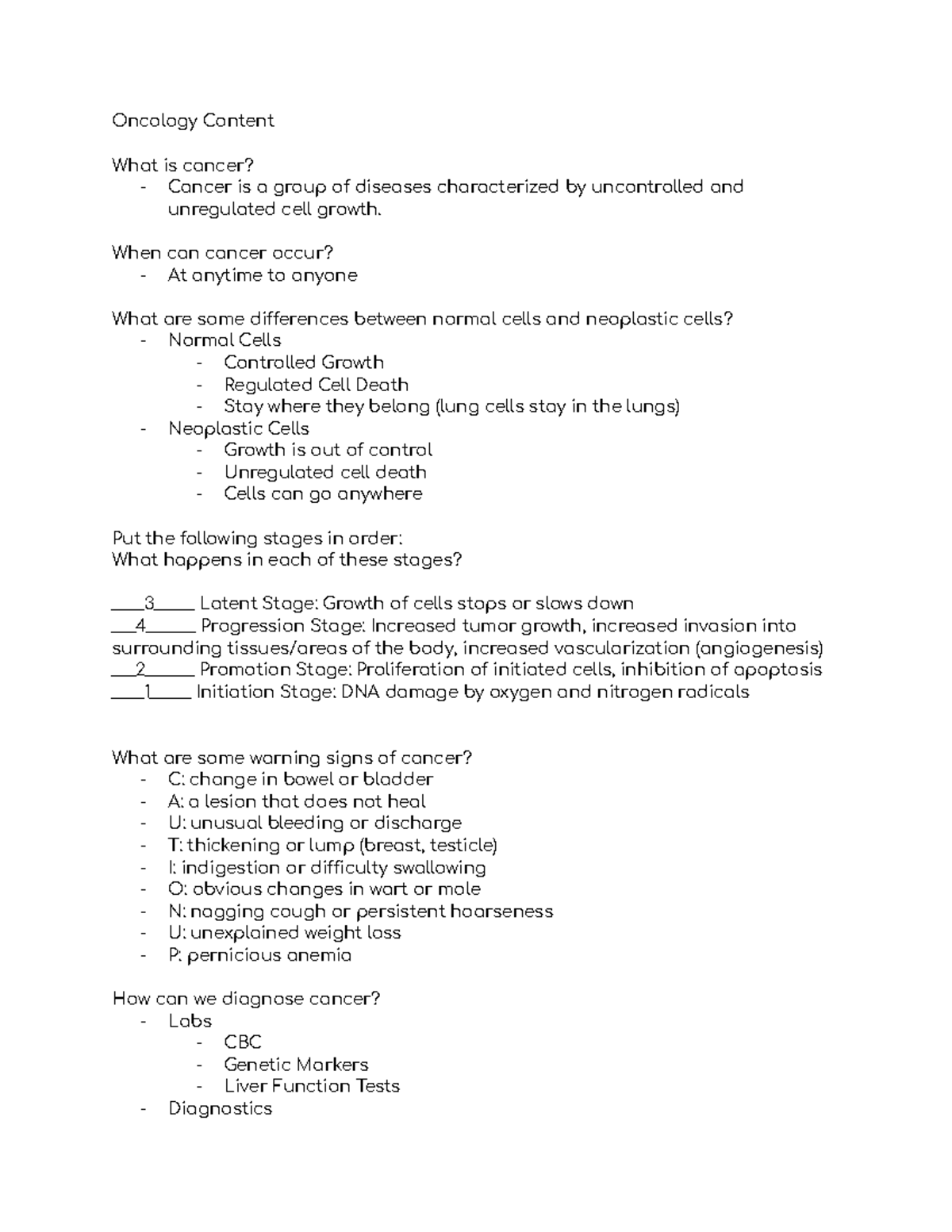 Oncology SI Worksheet: Understanding Cancer Stages and Treatments - Studocu