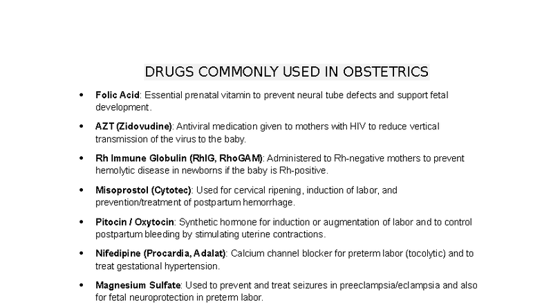 Drugs Commonly Used in Obstetrics: A Comprehensive Overview - Studocu