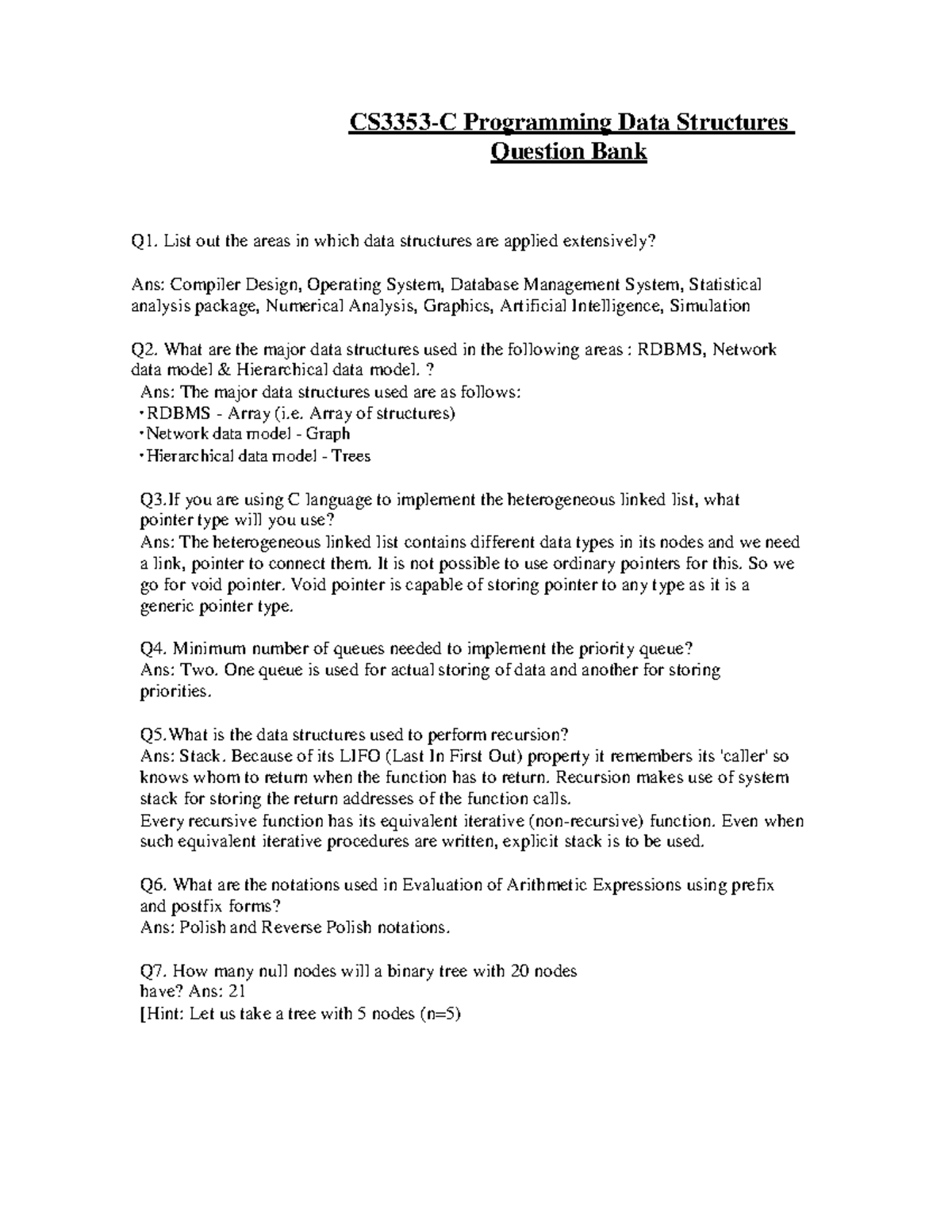 CS3353 - Data Structures Question Bank and Applications - Studocu