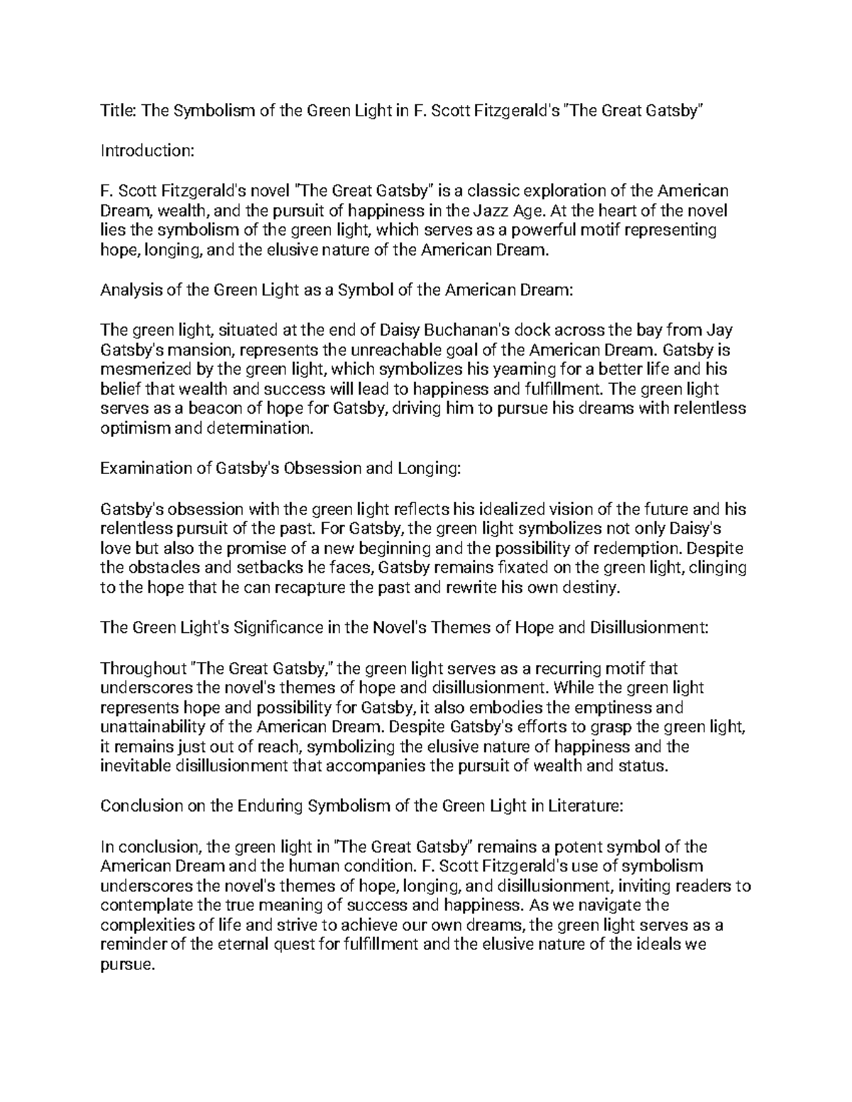 The Symbolism of the Green Light in F. Scott Fitzgerald's The Great ...