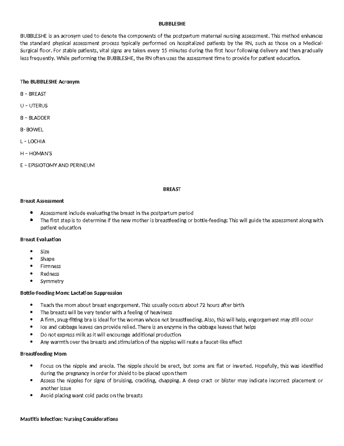 Postpartum Nursing Assessment: BUBBLESHE Components Explained - Studocu