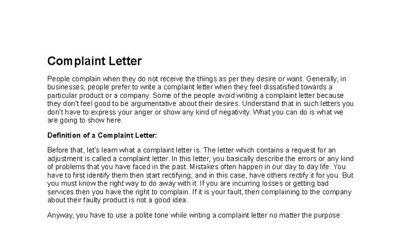 Complaint Letter - notes - Complaint Letter People complain when they ...