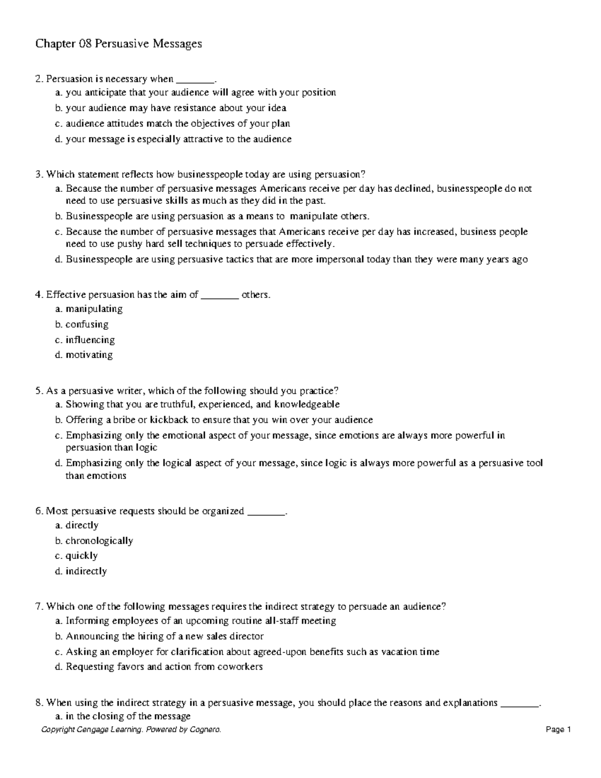 Chapter 08 Test Bank: Mastering Persuasive Messages Techniques - Studocu