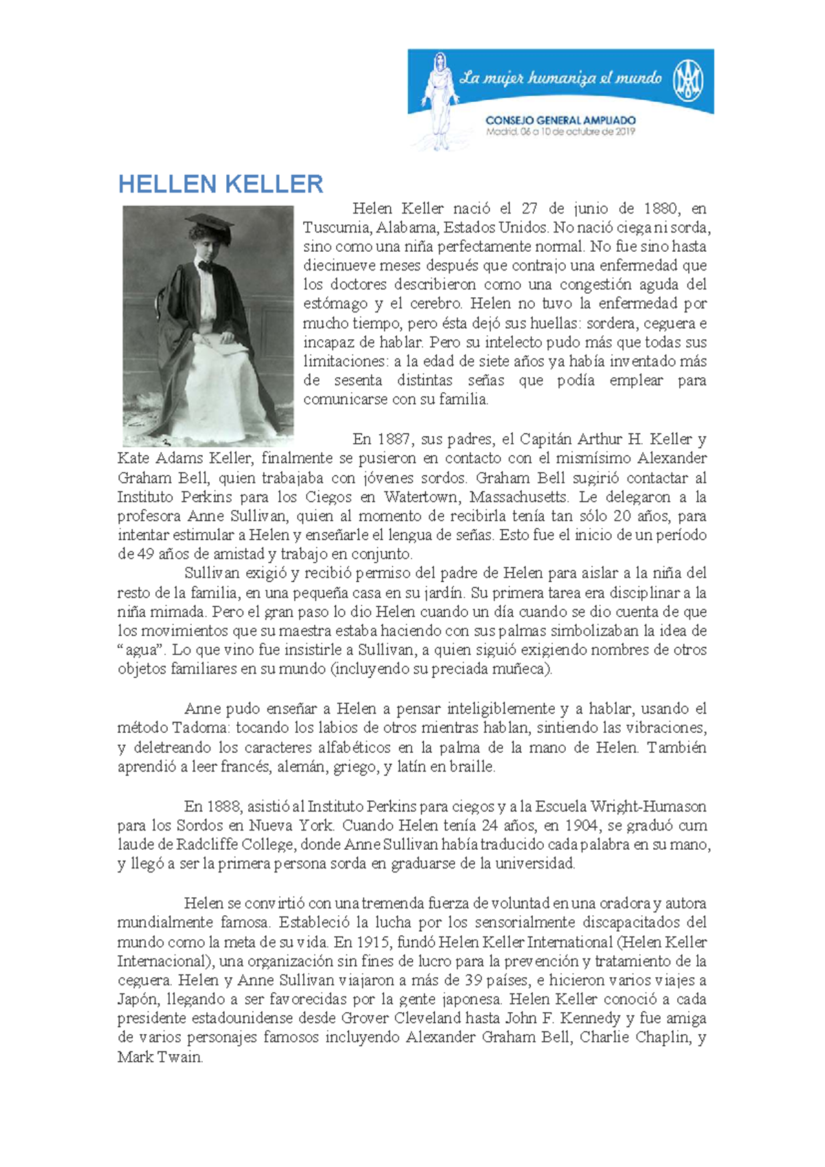 Biografía de Helen Keller: Vida y Logros Inspiradores - Studocu