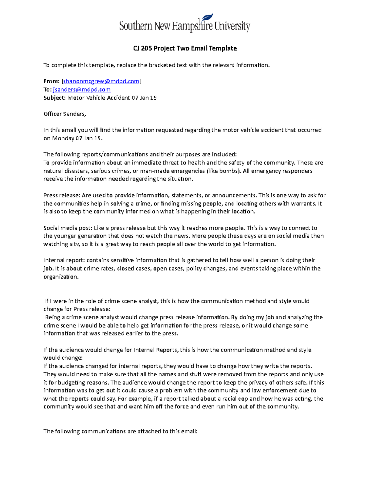 CJ 205 Project Two Email Template for Motor Vehicle Accident Report ...