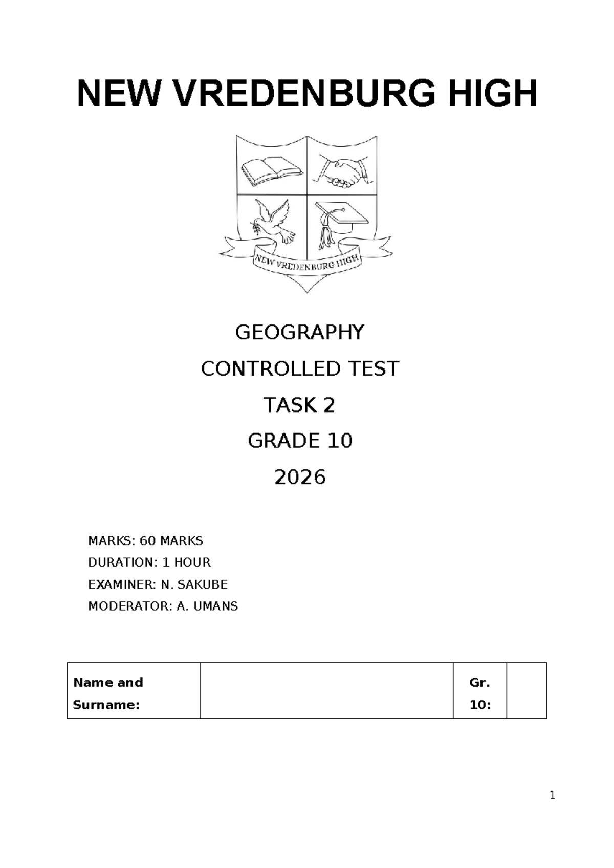 Grade 10 Geography Controlled Test Term 1 2026 - 60 Marks - Studocu