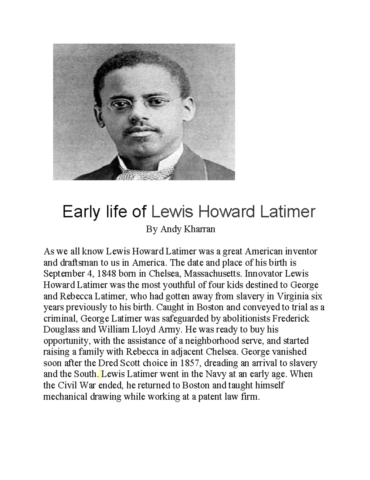 Early Life of Lewis Howard Latimer: An Innovator's Journey - Studocu