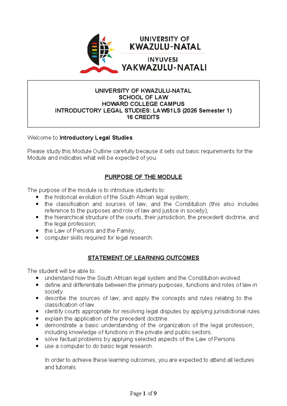 Introductory Legal Studies Module Outline: LAWS1LS (2026 Semester 1 ...