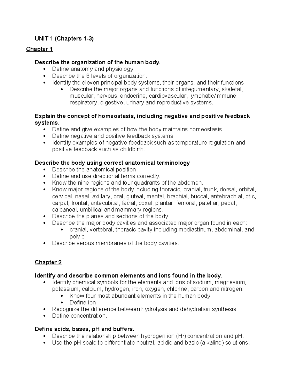 A&P Unit 1: Human Body Organization & Homeostasis Overview - Studocu