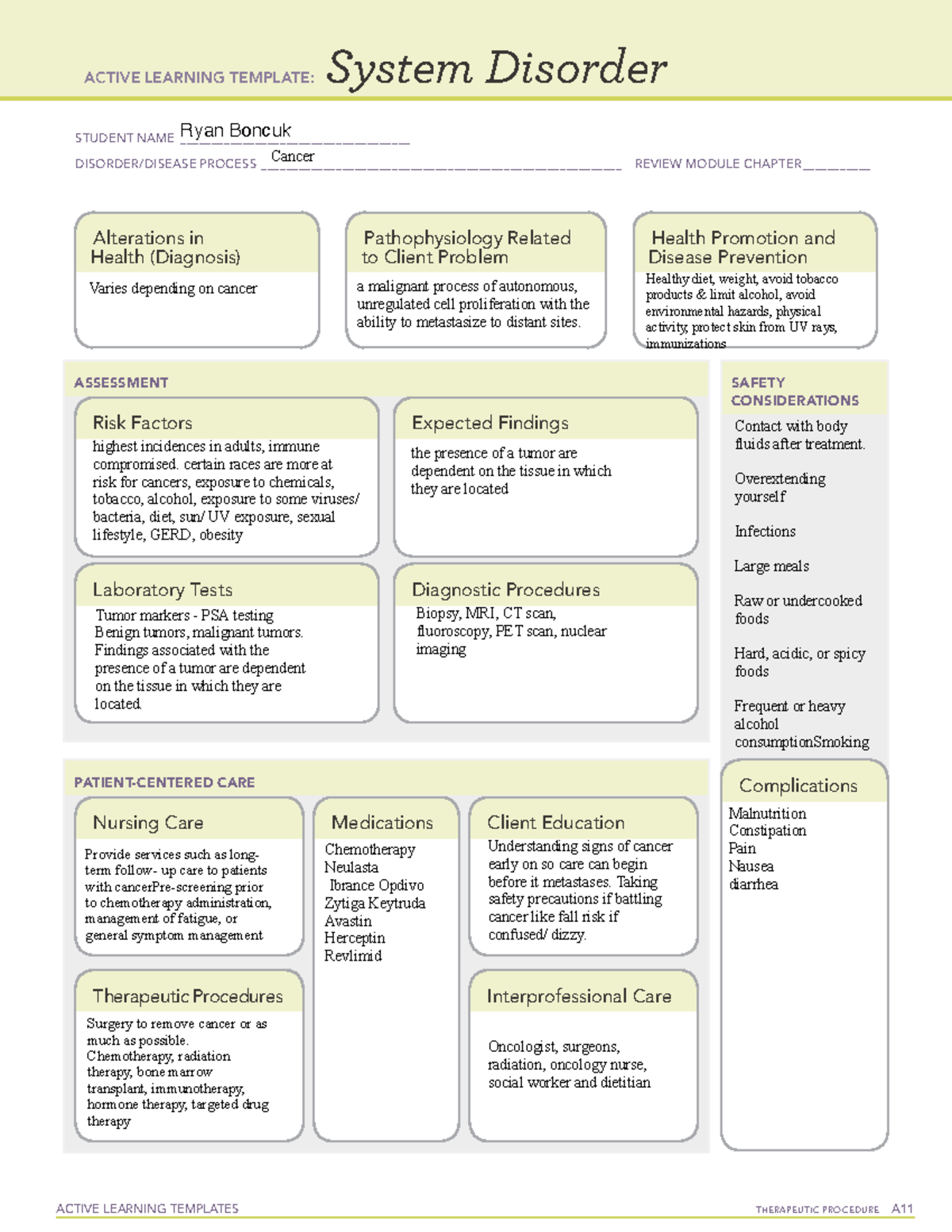 Cancer - ATI Active Learning Template for Therapeutic Procedure A - Studocu