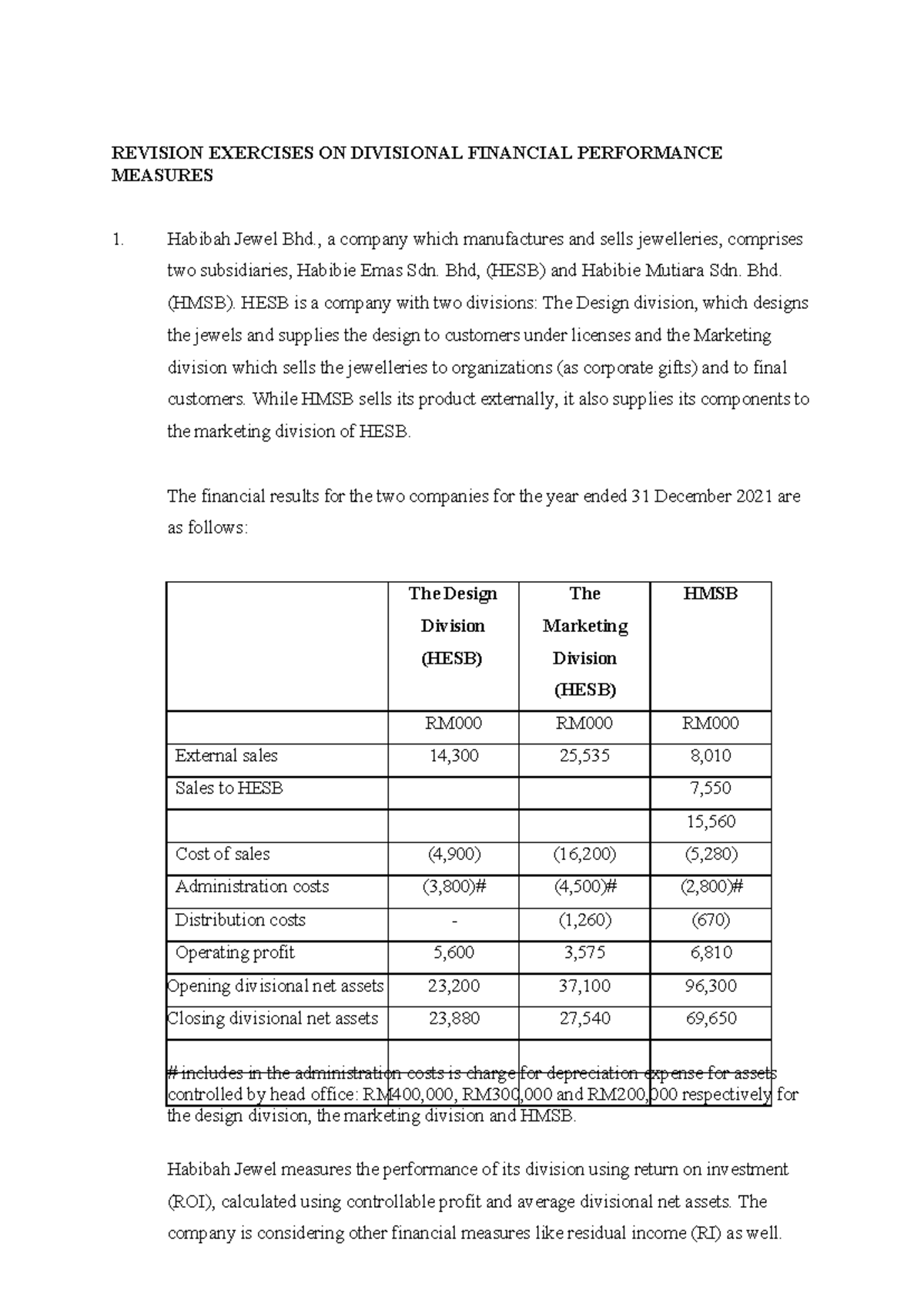 Revision Exercises on Divisional Financial Performance Measures - Studocu