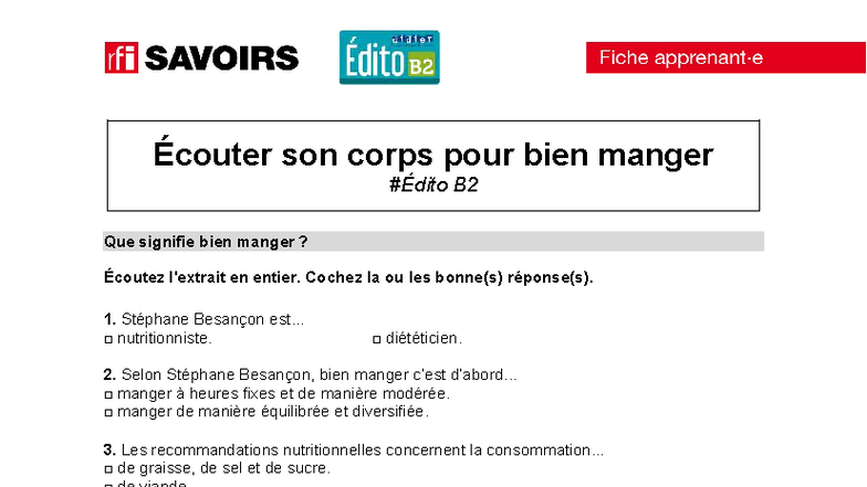 B2 Écouter son corps pour bien manger - Fiche Apprenant - Studocu
