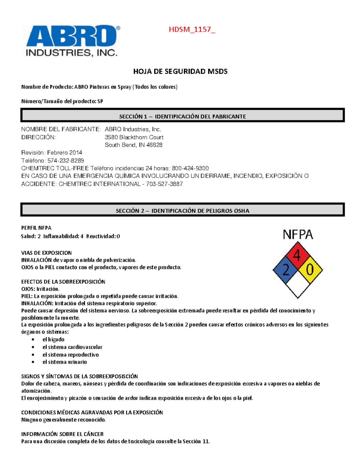 HDSM_1157_MSDS de Seguridad para Pinturas en Spray ABRO - Studocu
