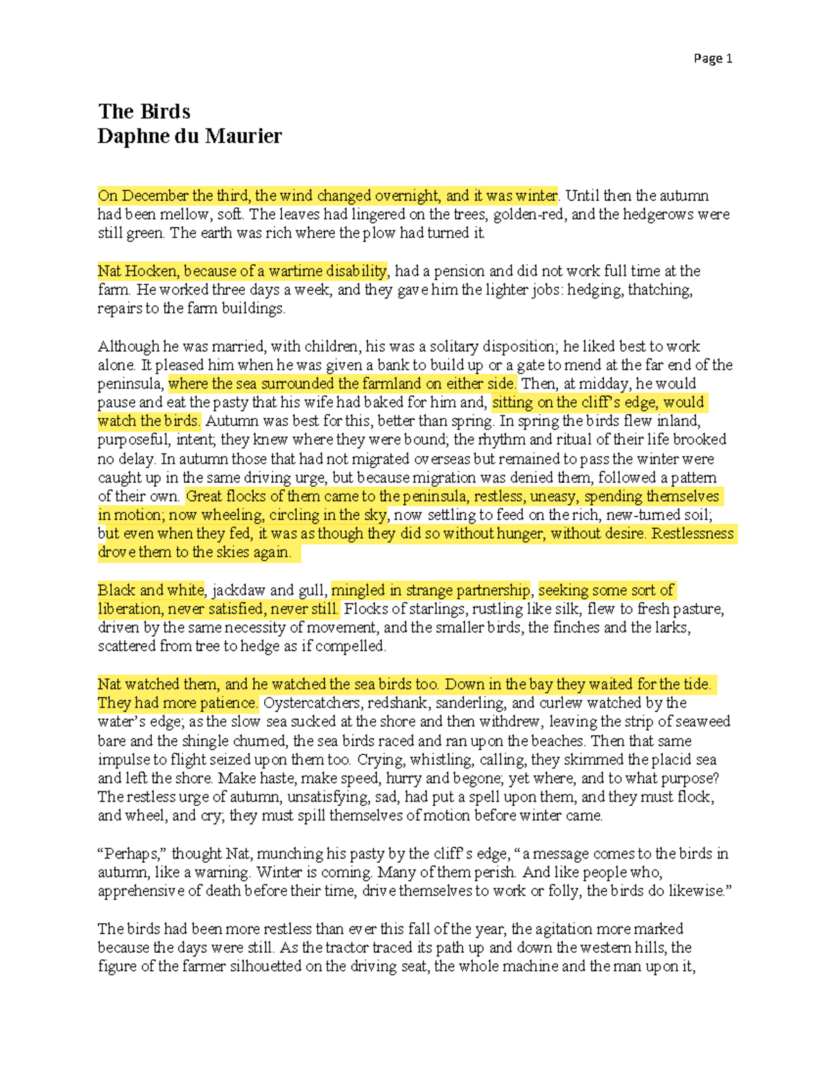 ENG 101: Analysis of "The Birds" by Daphne du Maurier - Studocu