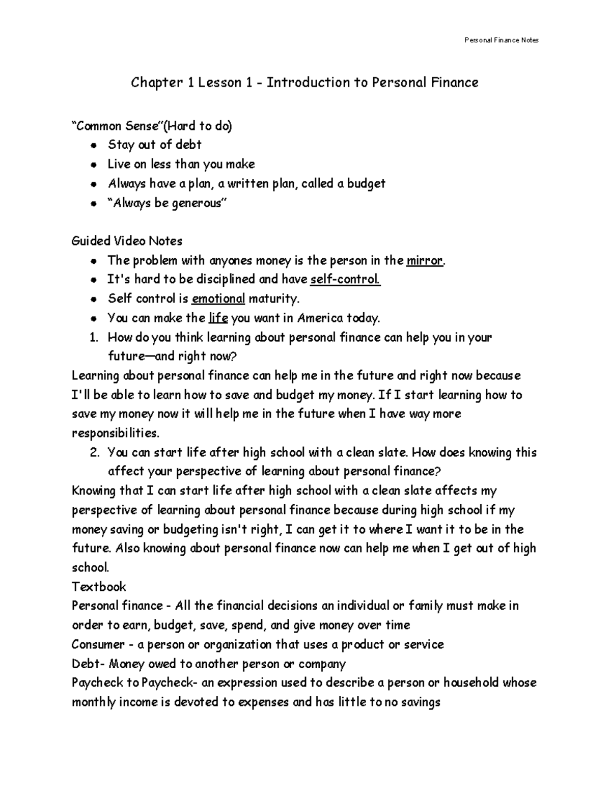 Personal Finance Notes Ch. 1: Key Concepts & Foundations (22-23) - Studocu