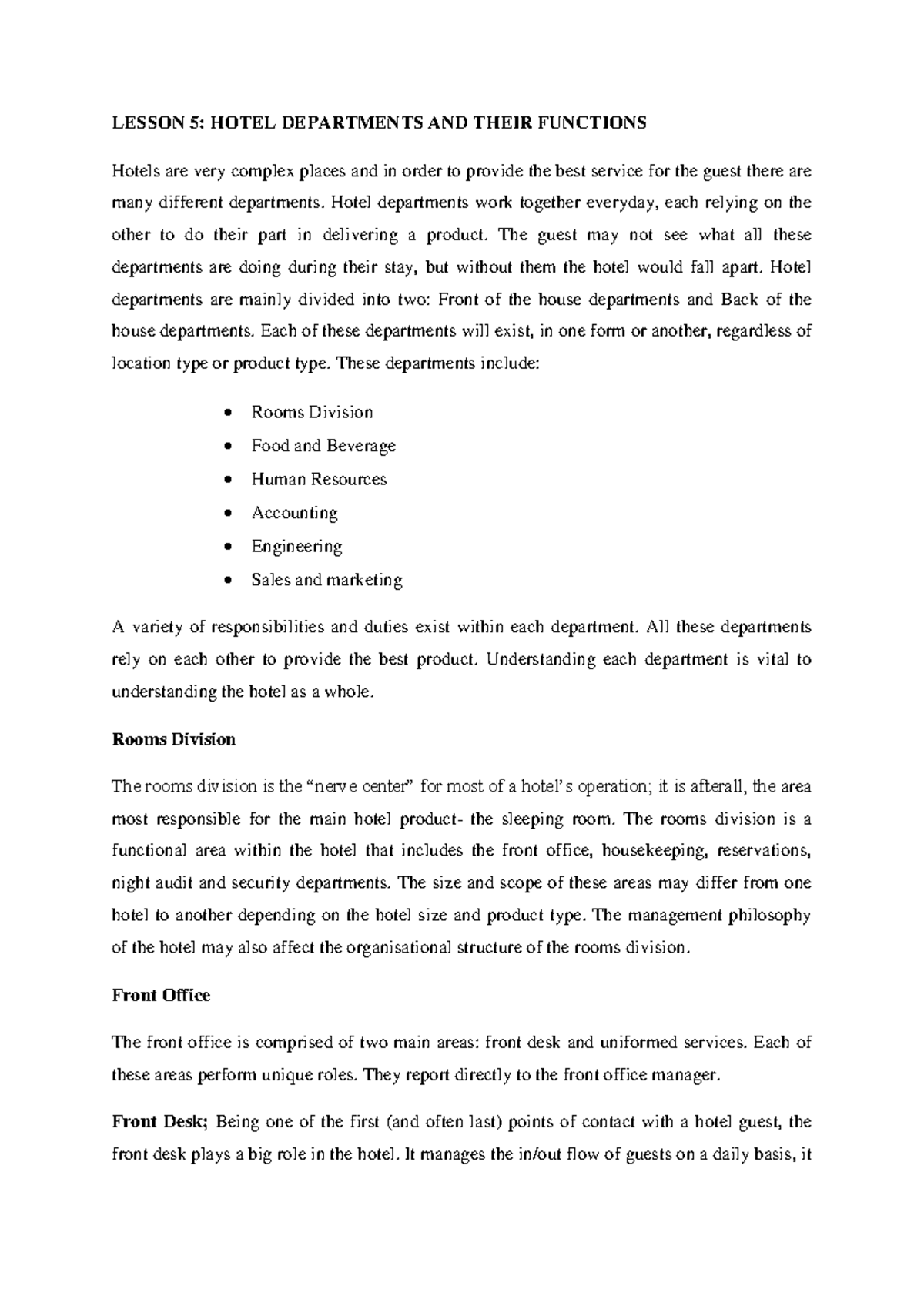 PHT B101: Lesson 5 - Hotel Departments & Their Functions - Studocu