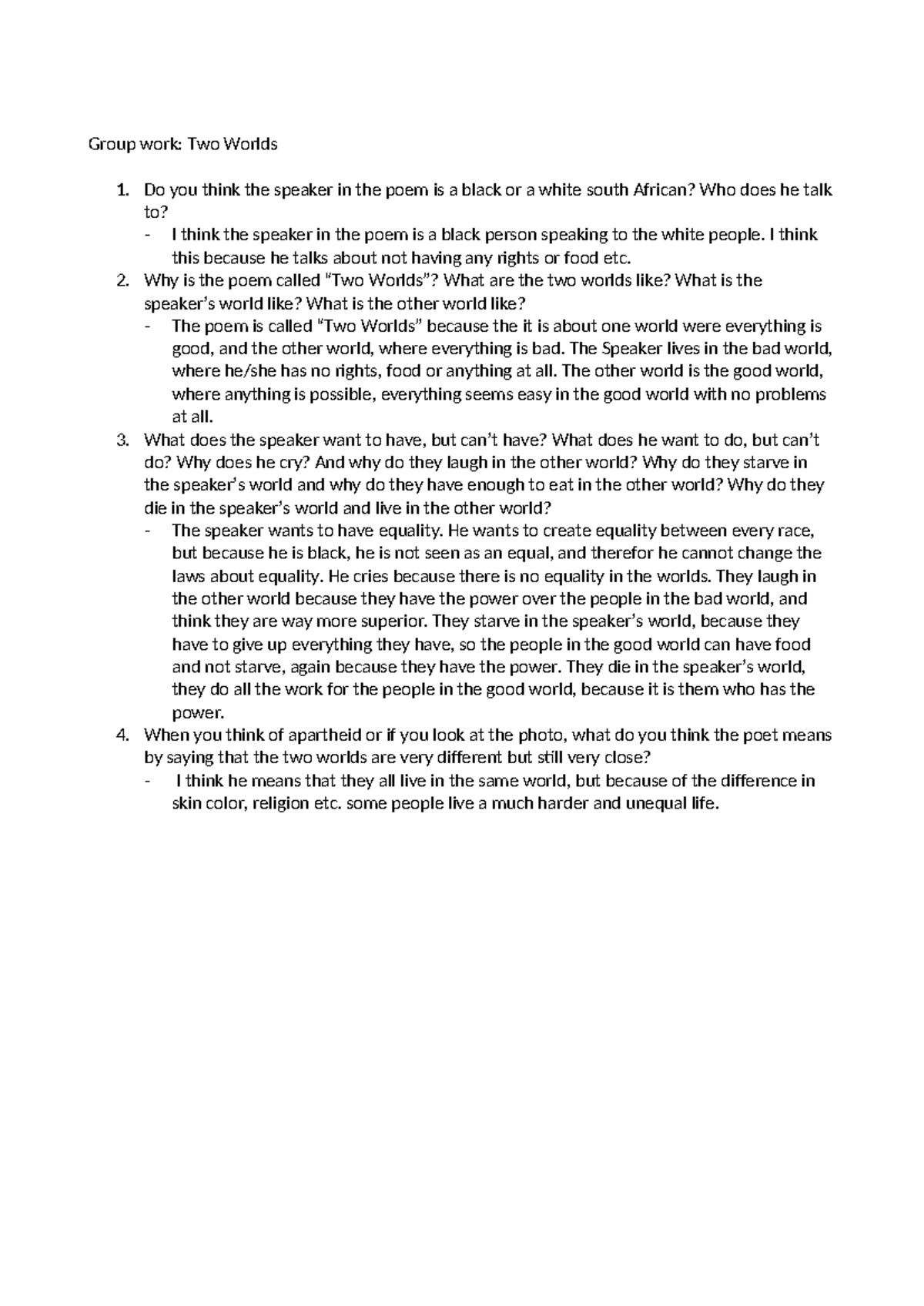 Group Work: Analysis of "Two Worlds" Poem on Apartheid - Studocu