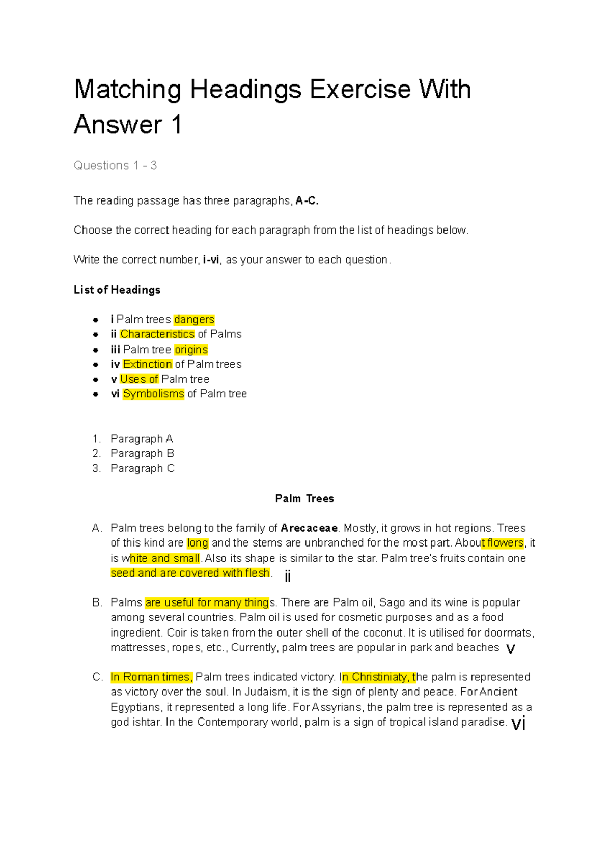 Matching Headings Exercise 1 - Choose the correct heading for each ...