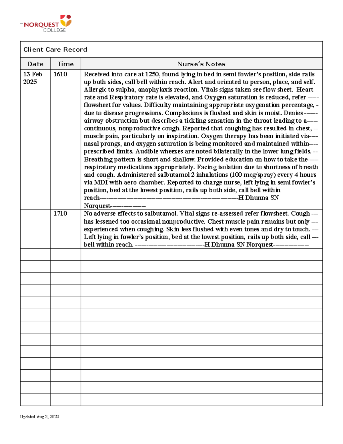 25 - Client Care Record: Nursing Notes for Patient Monitoring - Studocu