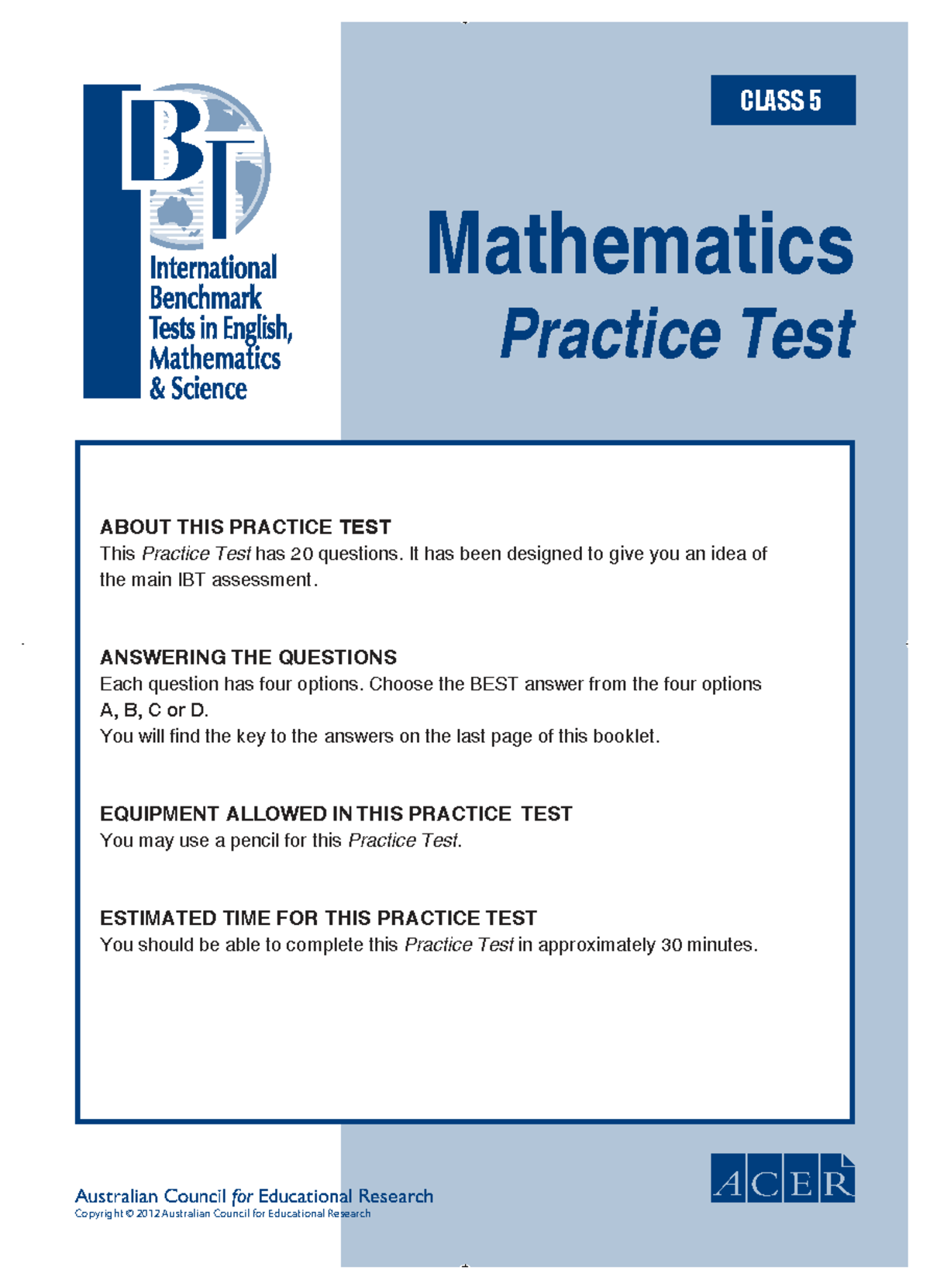 CLASS 5 IBT Mathematics Practice Test with Answer Key - Studocu