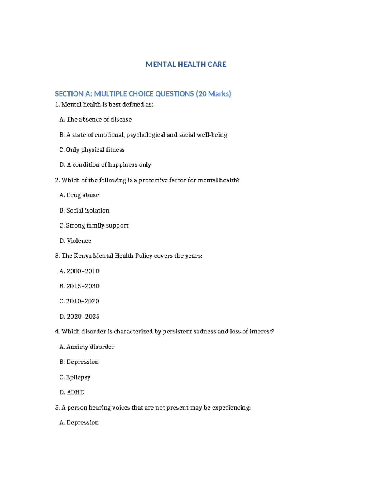Mental Health Care Exam Questions: MCQs, Short & Long Answers - Studocu