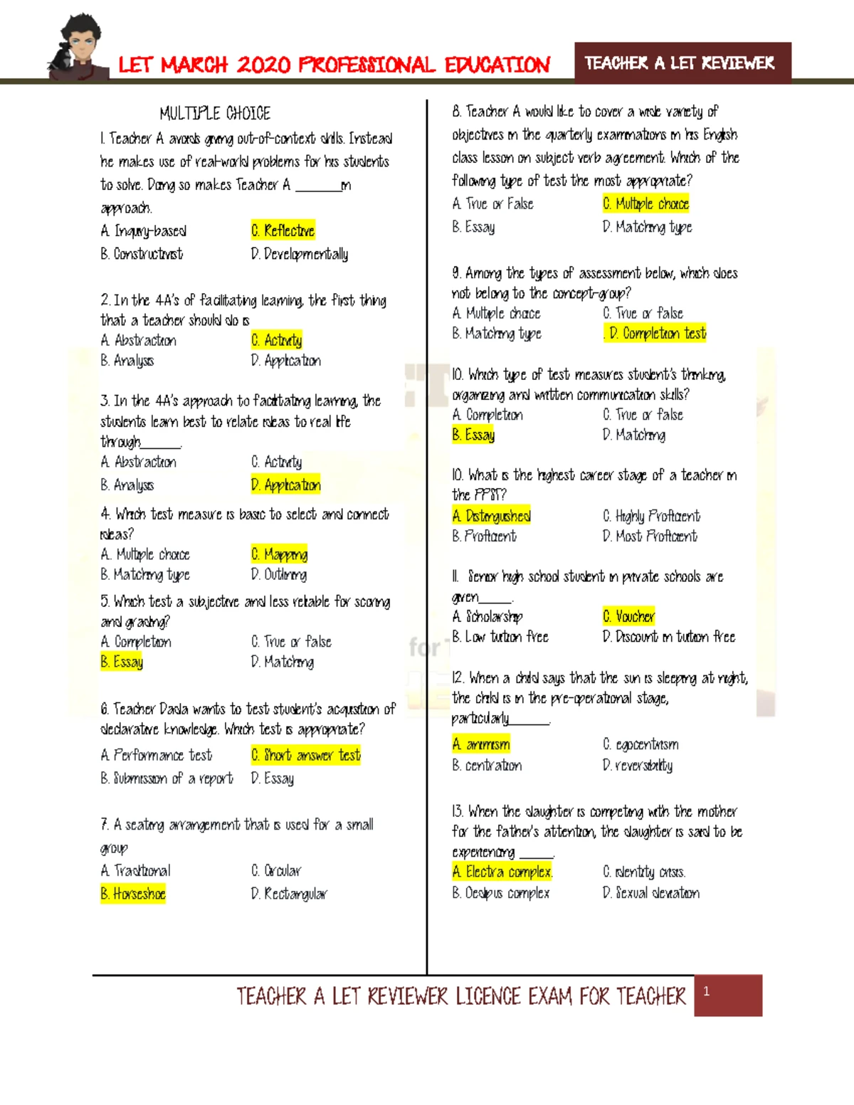 LET Reviewer PROF ED 2020 90percent pdfbooksforum - 1 MULTIPLE CHOICE 1 ...