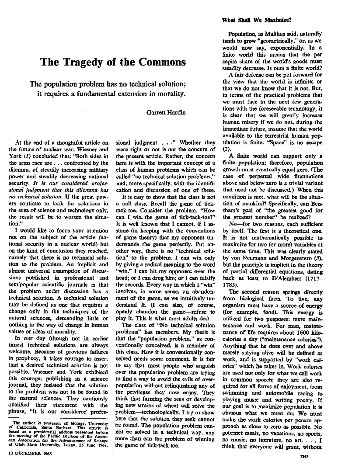 The Tragedy of the Commons: Analyzing Population Growth and Resources ...