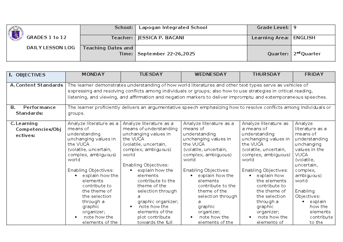 English 9 Daily Lesson Log: 2nd Quarter Overview - Studocu