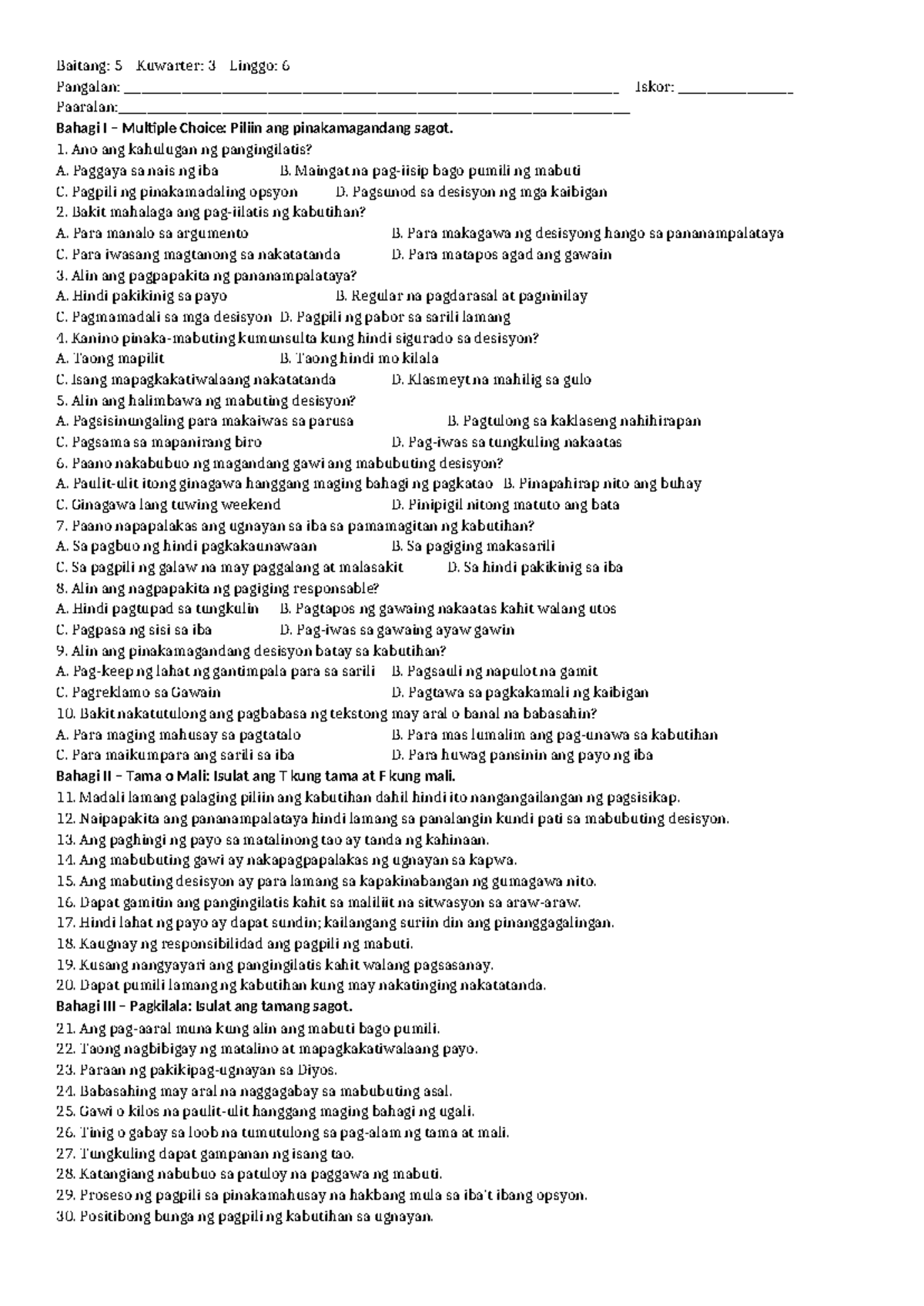 SUMM TEST GMRC 5 Q3 W6 - Multiple Choice & True/False Questions - Studocu