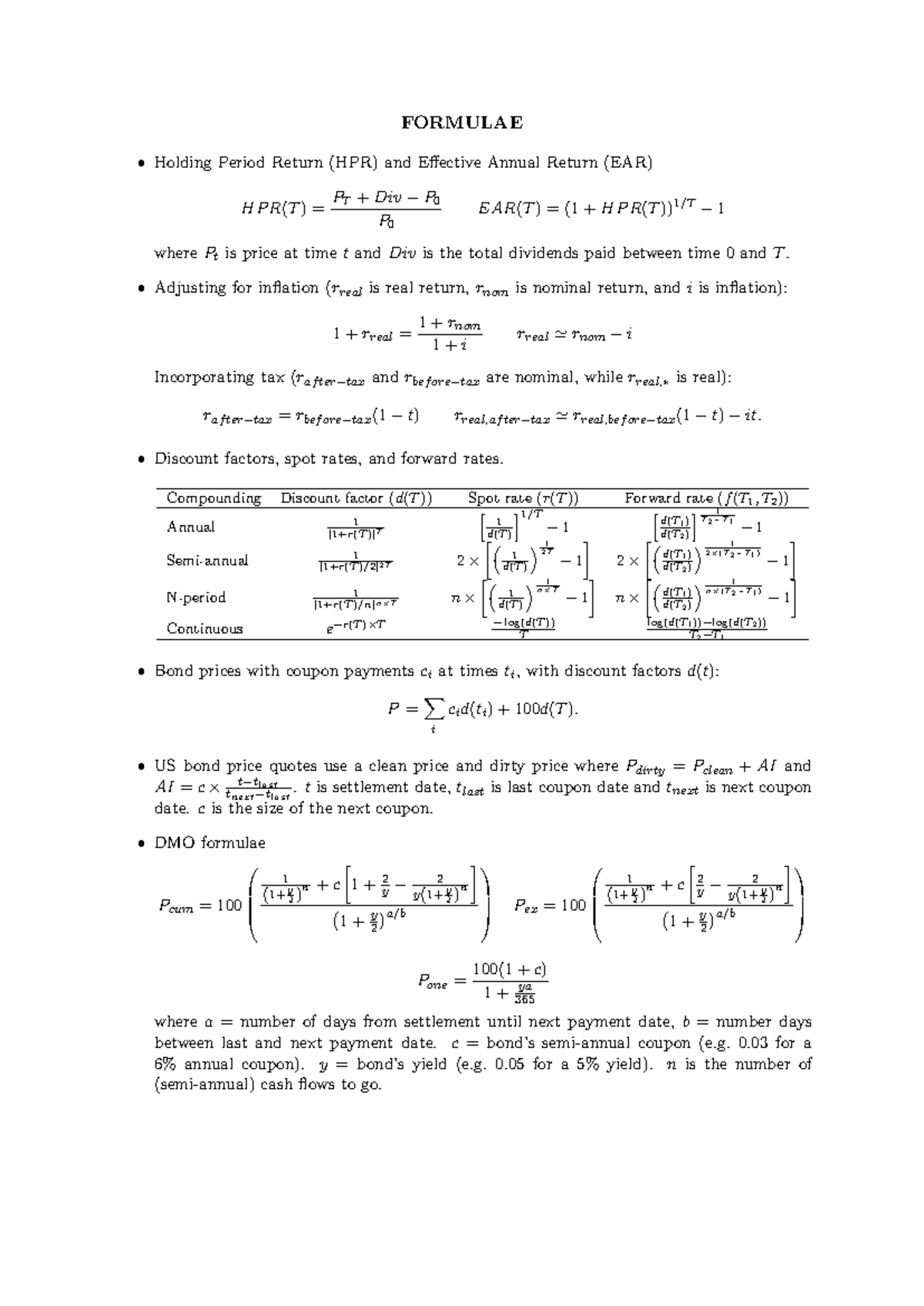 Midterm Formula Sheet: HPR, EAR, Bond Pricing & Rates - Studocu