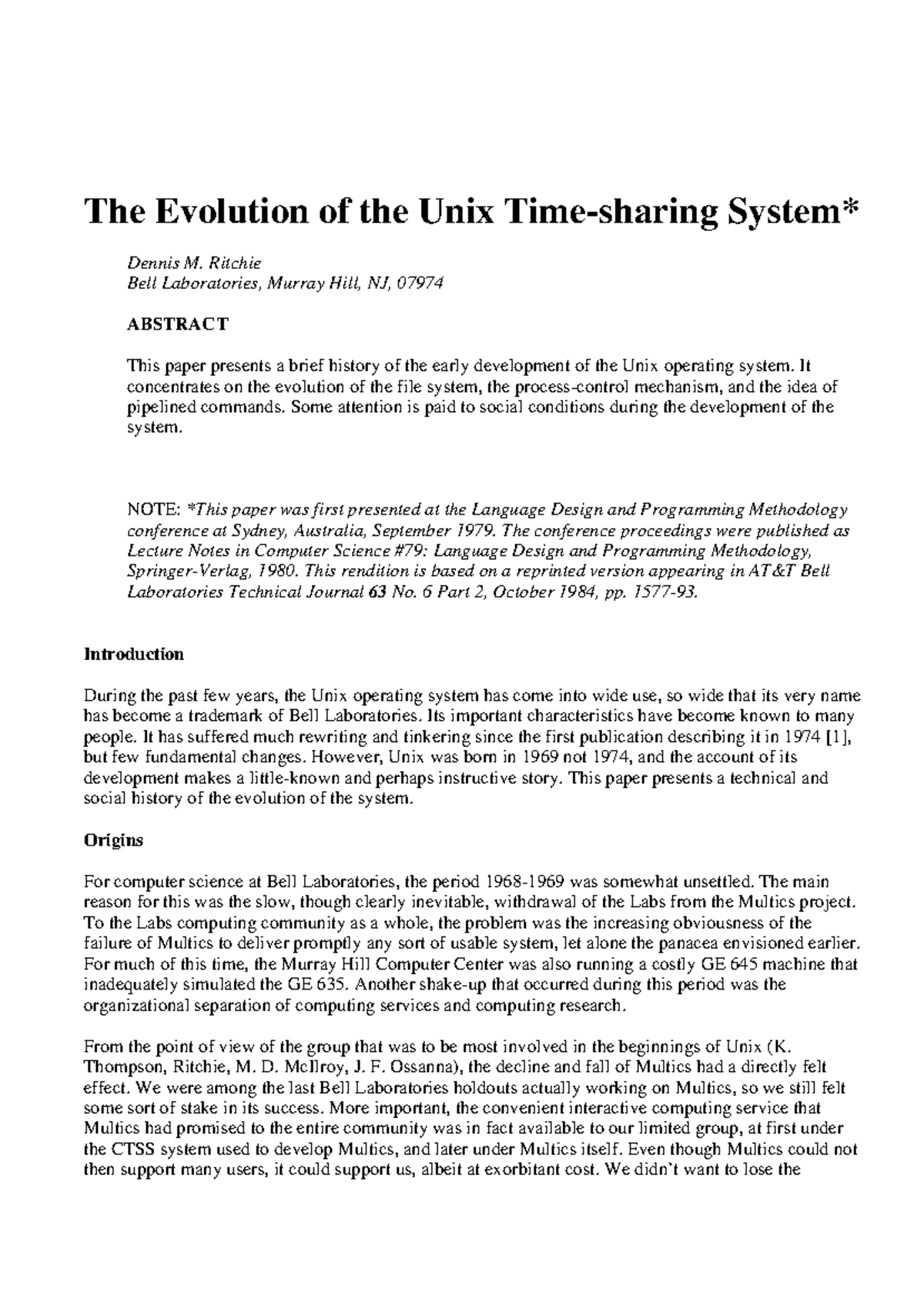 The Evolution of the Unix Time-sharing System: A Technical History ...