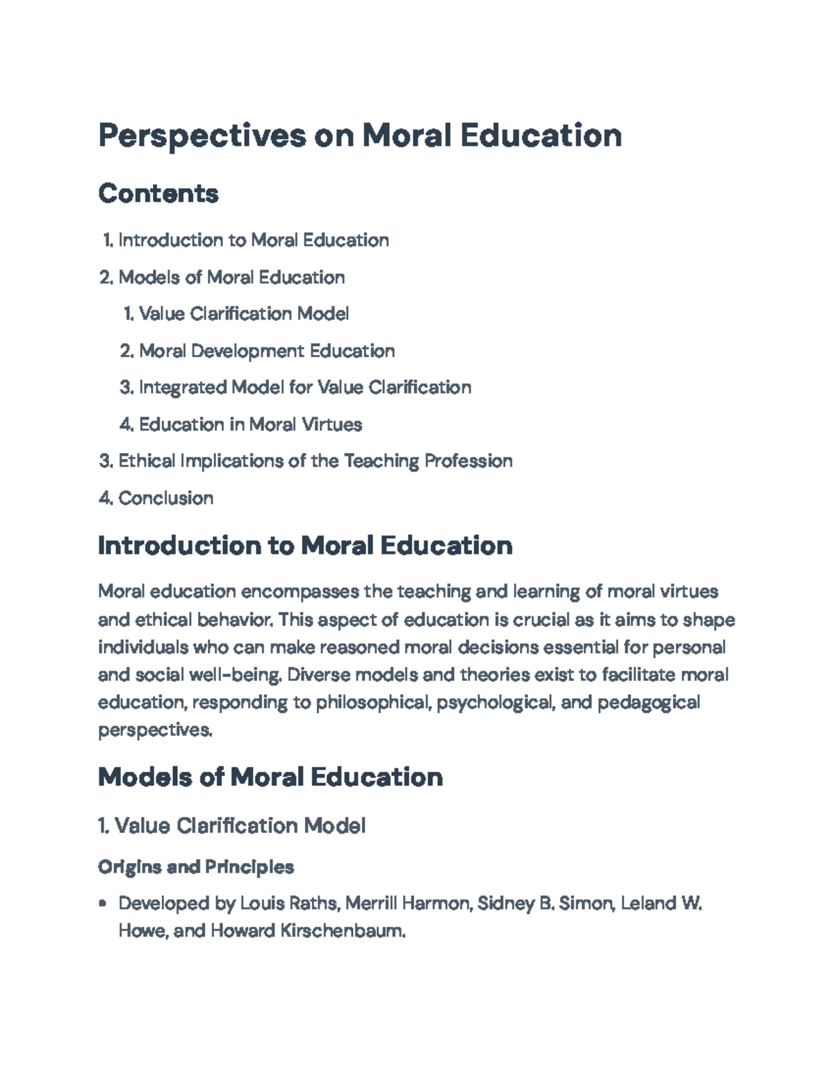 Perspectives on Moral Education: Models and Ethical Implications ...