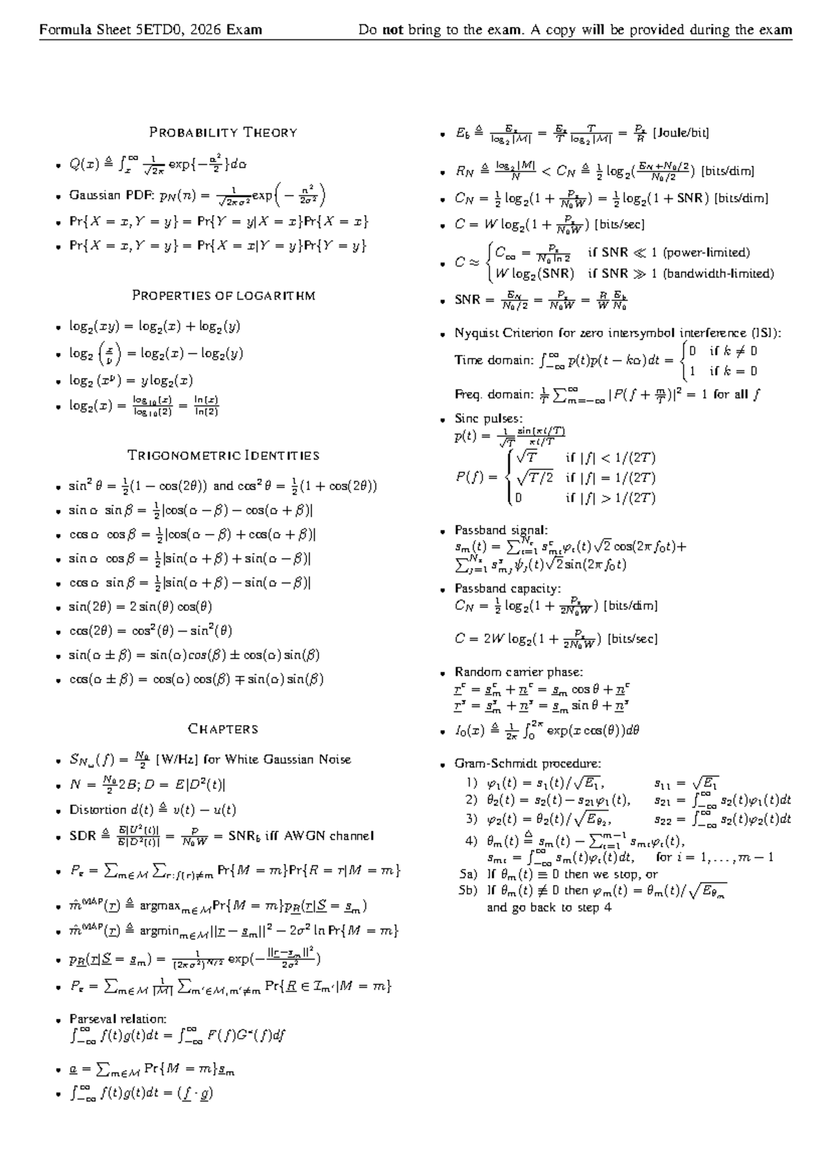 5ETD0 2026 Exam Formula Sheet for Probability Theory - Studeersnel