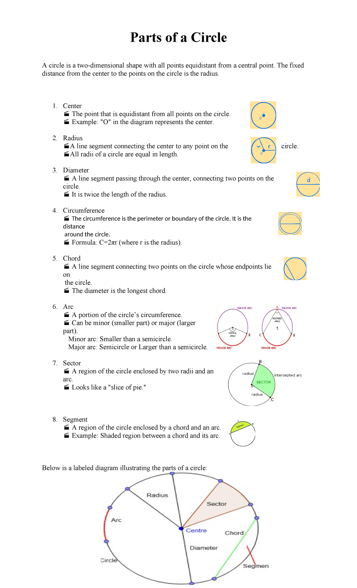 Circle handout - Notes - Parts of a Circle A circle is a two ...