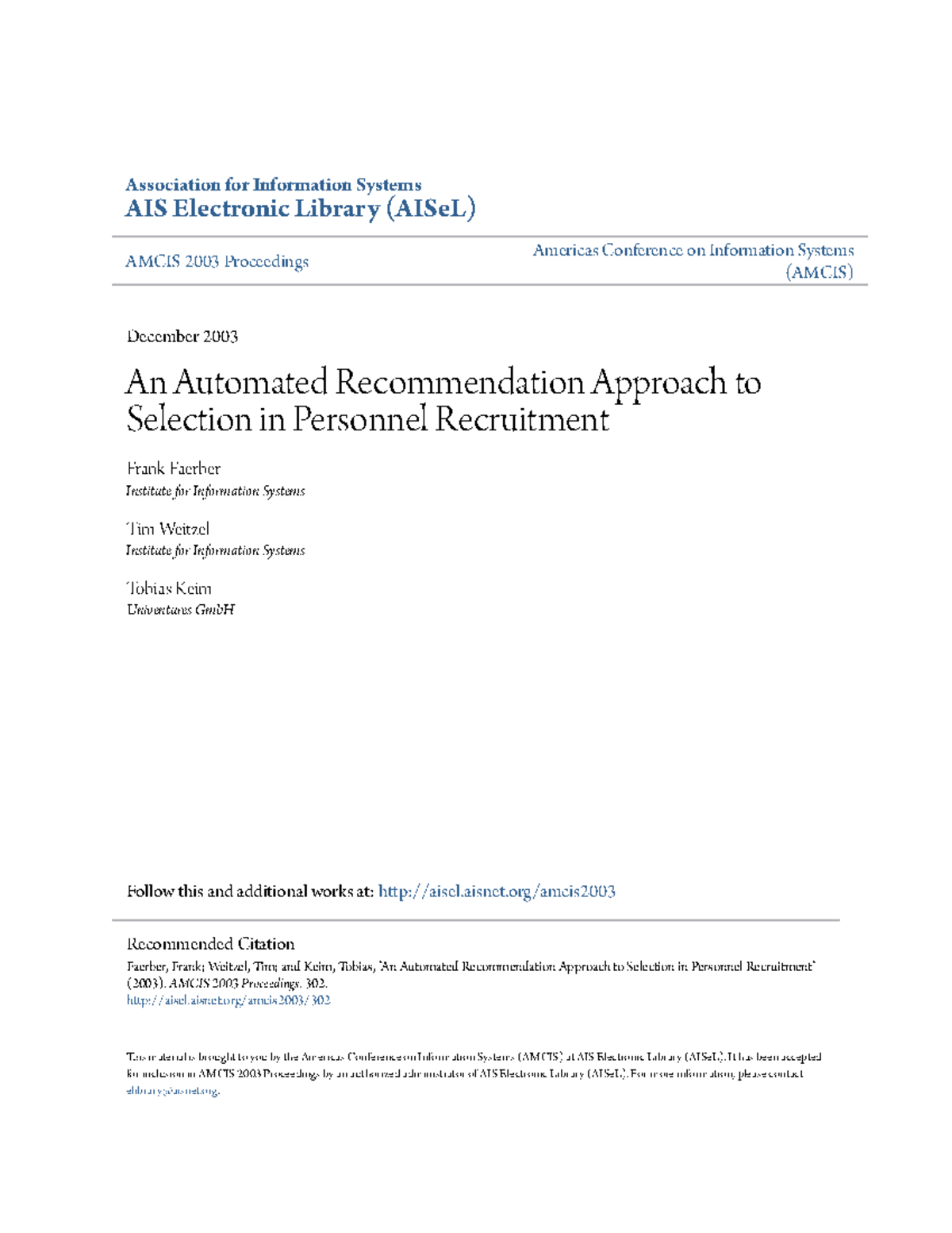 Automated Recommendation in Personnel Recruitment: AMCIS 2003 ...