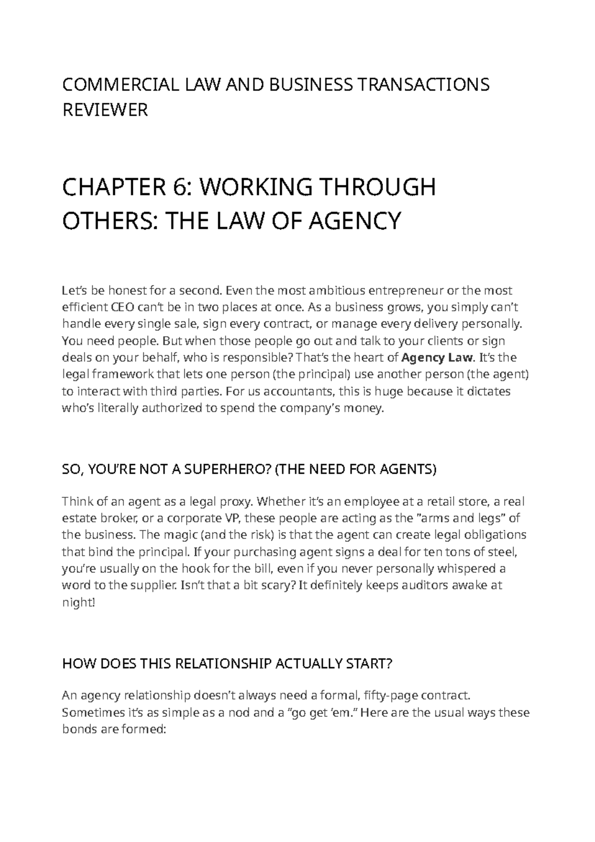 COMMERCIAL LAW AND BUSINESS TRANSACTIONS REVIEWER: AGENCY LAW (CH 6 ...