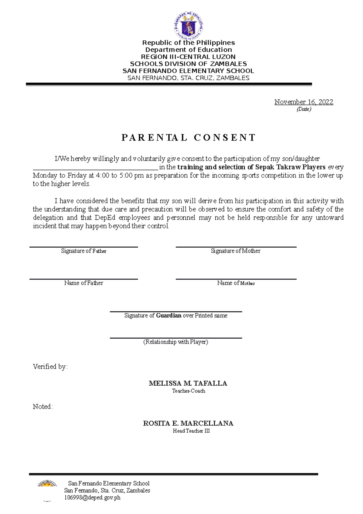 Parental consent for training and selection - Republic of the ...