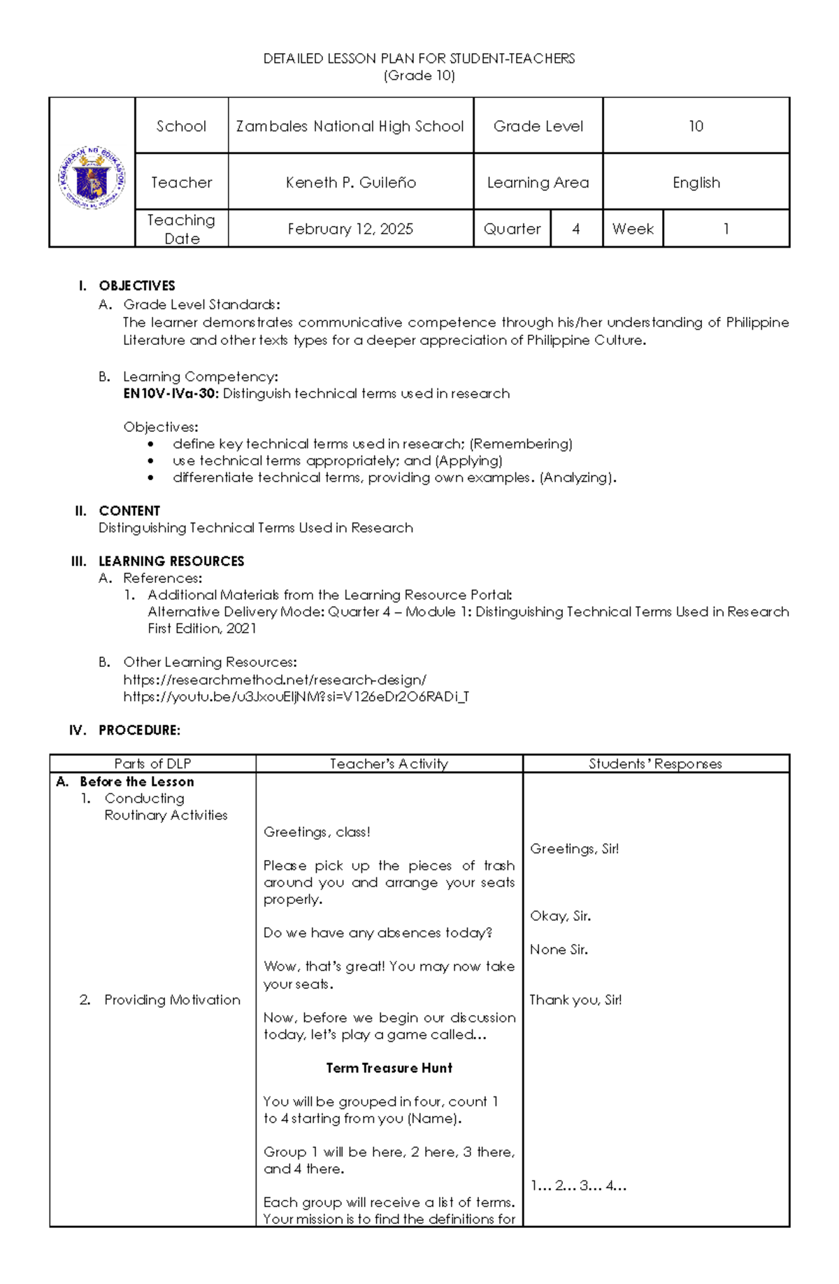 English 10 Q4 Module 1: Detailed Lesson Plan on Research Terms - Studocu