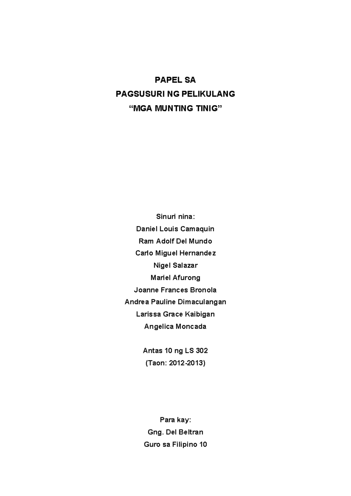 Pagsusuri ng Pelikulang "Mga Munting Tinig" para sa Filipino 10 - Studocu