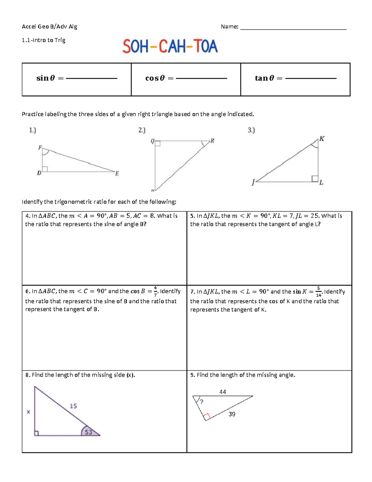 Accel Geo Alg: Intro to Trig Guided Notes and Practice - Studocu