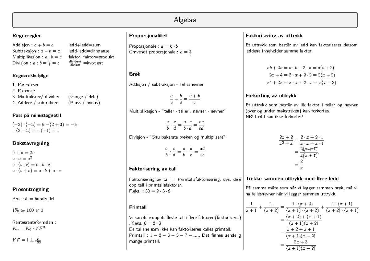 Formelark R1 - Algebra og Regnereglene med Eksempler - Studocu