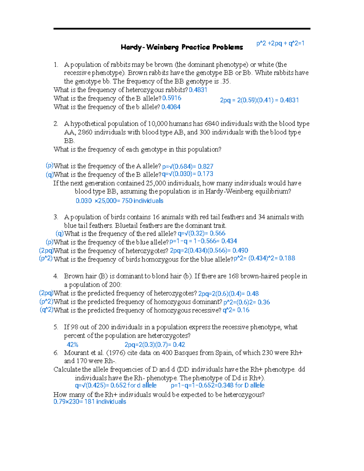 AP Bio Hardy-Weinberg Practice Problems E: Solutions & Calculations ...
