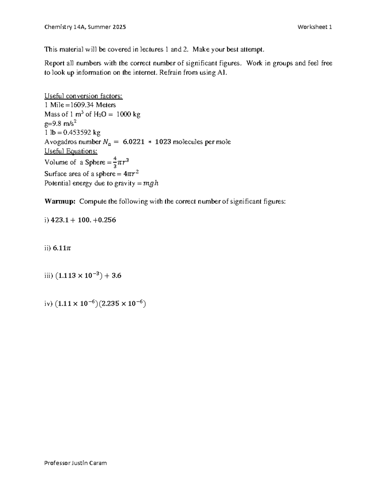 Chemistry 14A, Summer 2025 Worksheet 1: Significant Figures ...