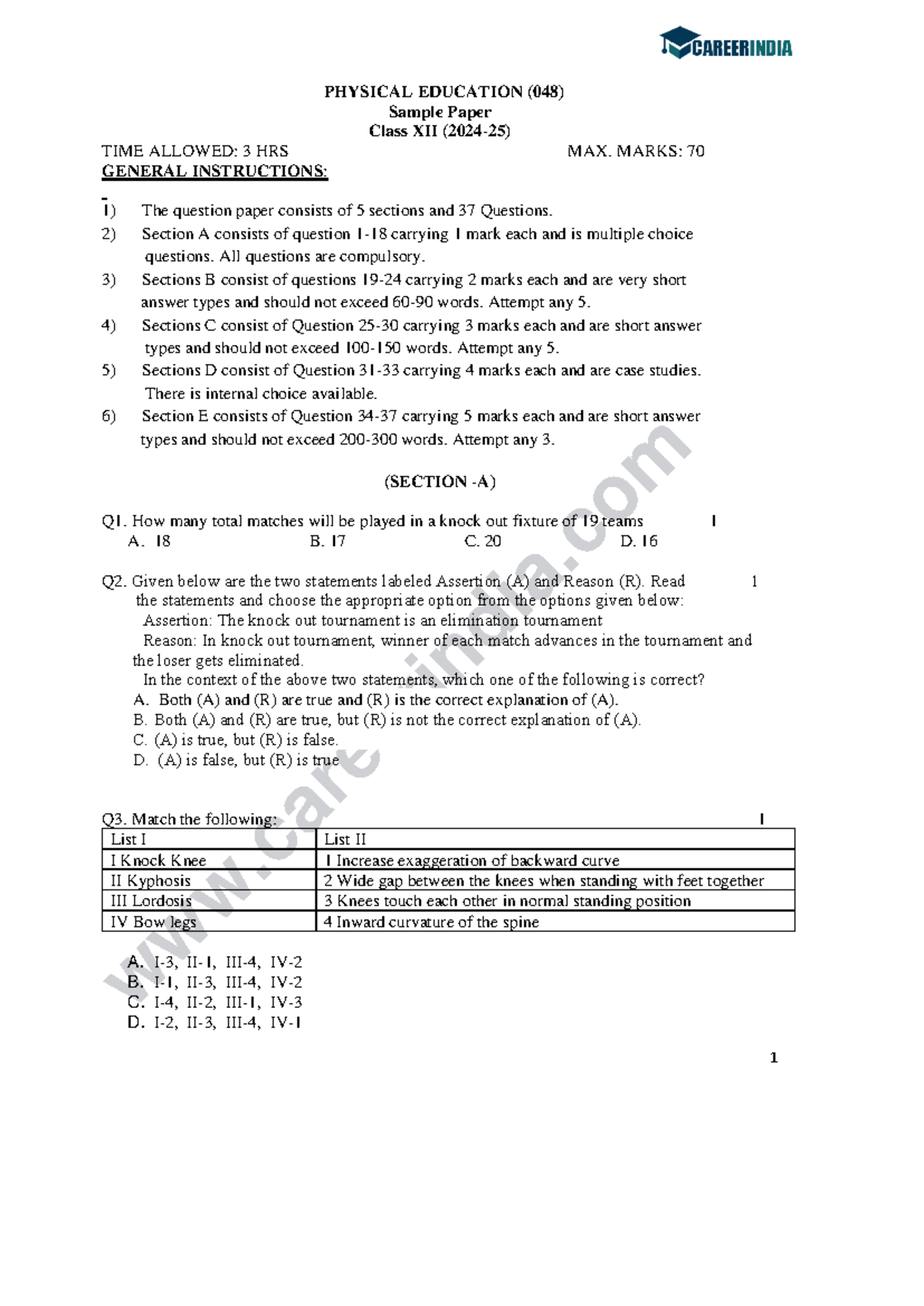 CBSE Class 12 Physical Education (048) Sample Question Paper 2024-25 ...