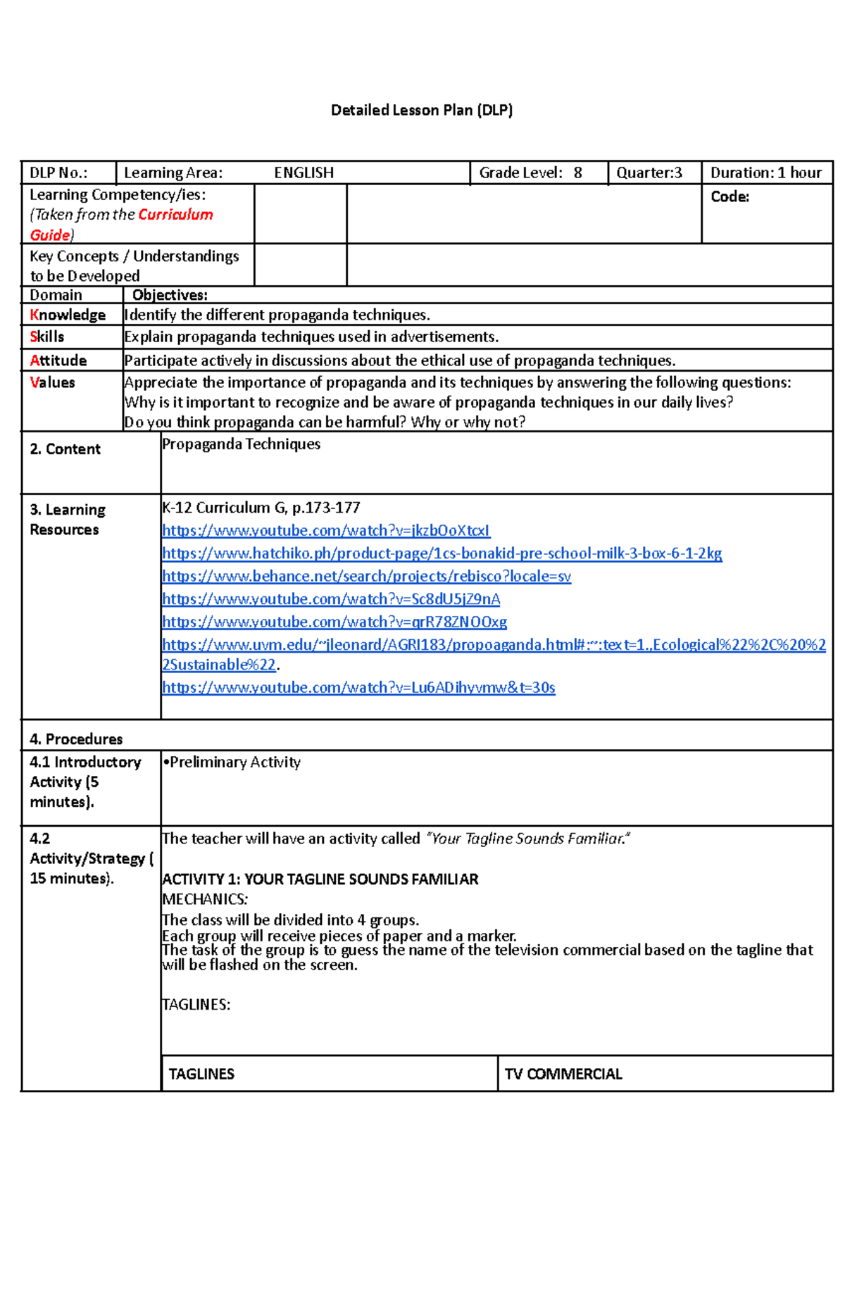 LP 5.docx - lesson plan - Detailed Lesson Plan (DLP) DLP No.: Learning Area: ENGLISH Grade Level ...