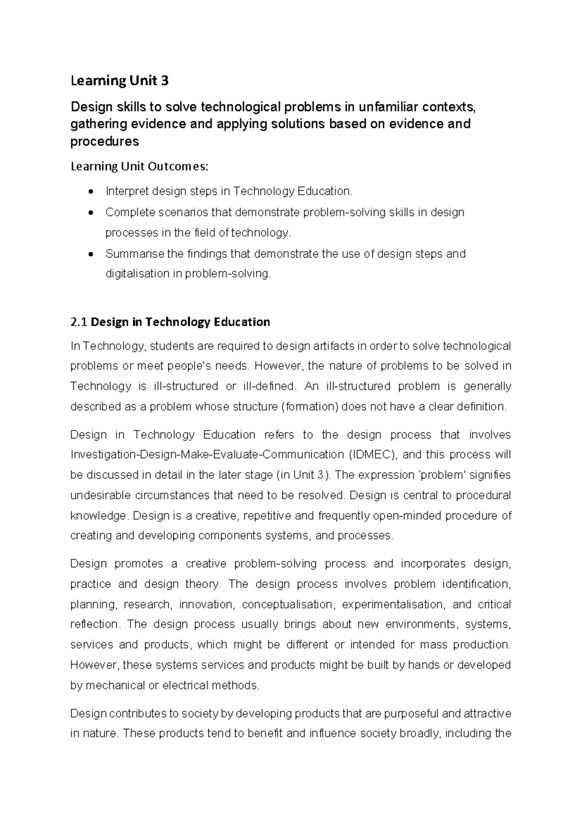 Learning Unit 3: Design skills for solving technological problems - Studocu