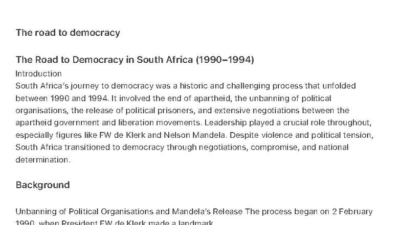 The Road to Democracy in South Africa - Essay Notes - Studocu