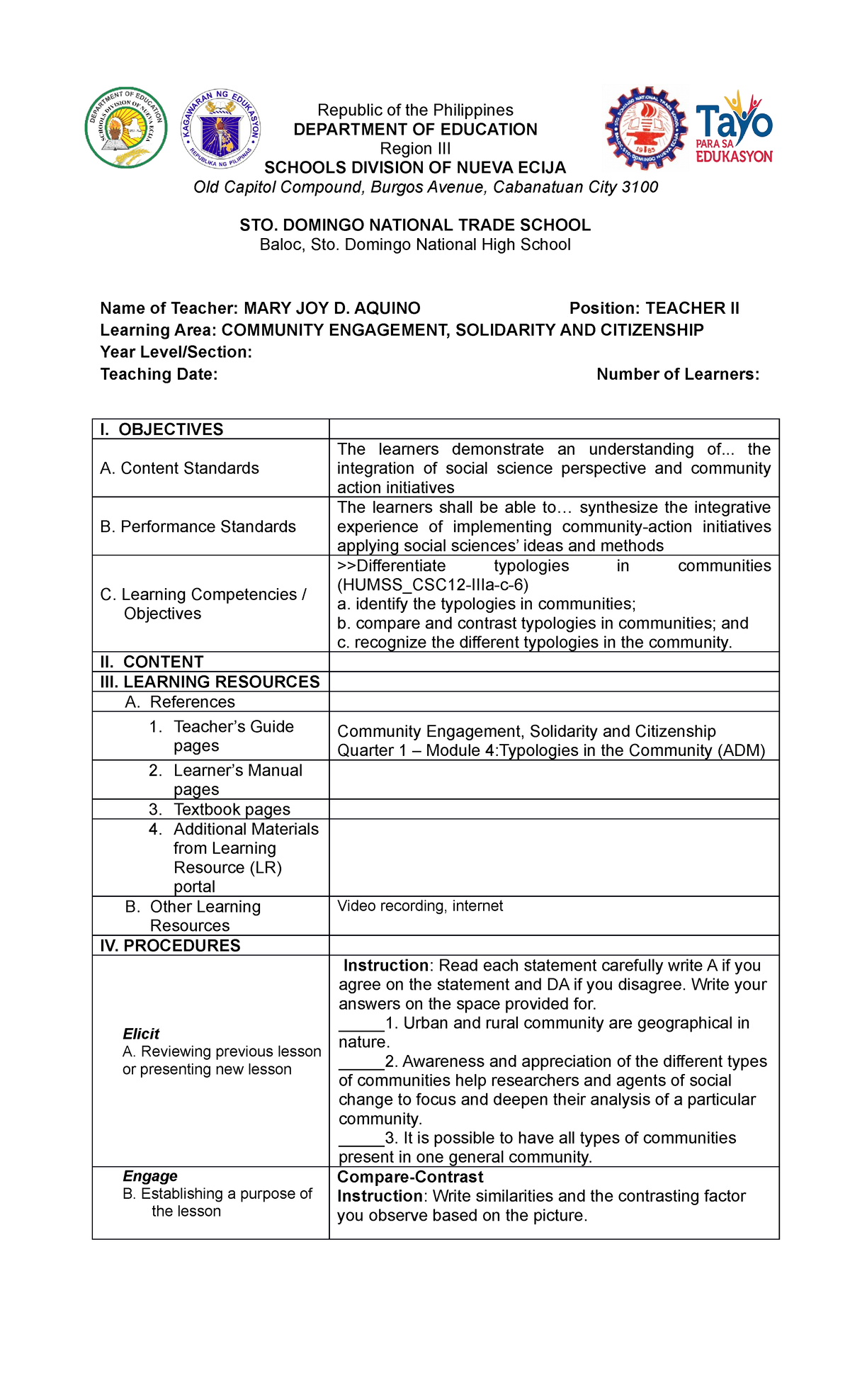 Lesson Plan on Community Engagement (CESC M Aquino - TRF) - Studocu