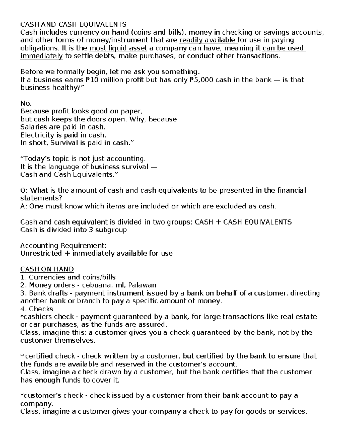 CASH AND CASH Equivalents lecture - CASH AND CASH EQUIVALENTS Cash ...