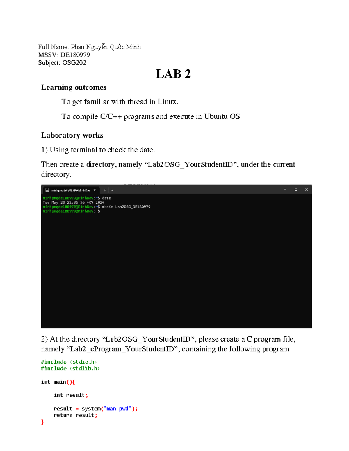 Lab2 Operating System - Full Name: Phan Nguyễn Quốc Minh MSSV: DE ...